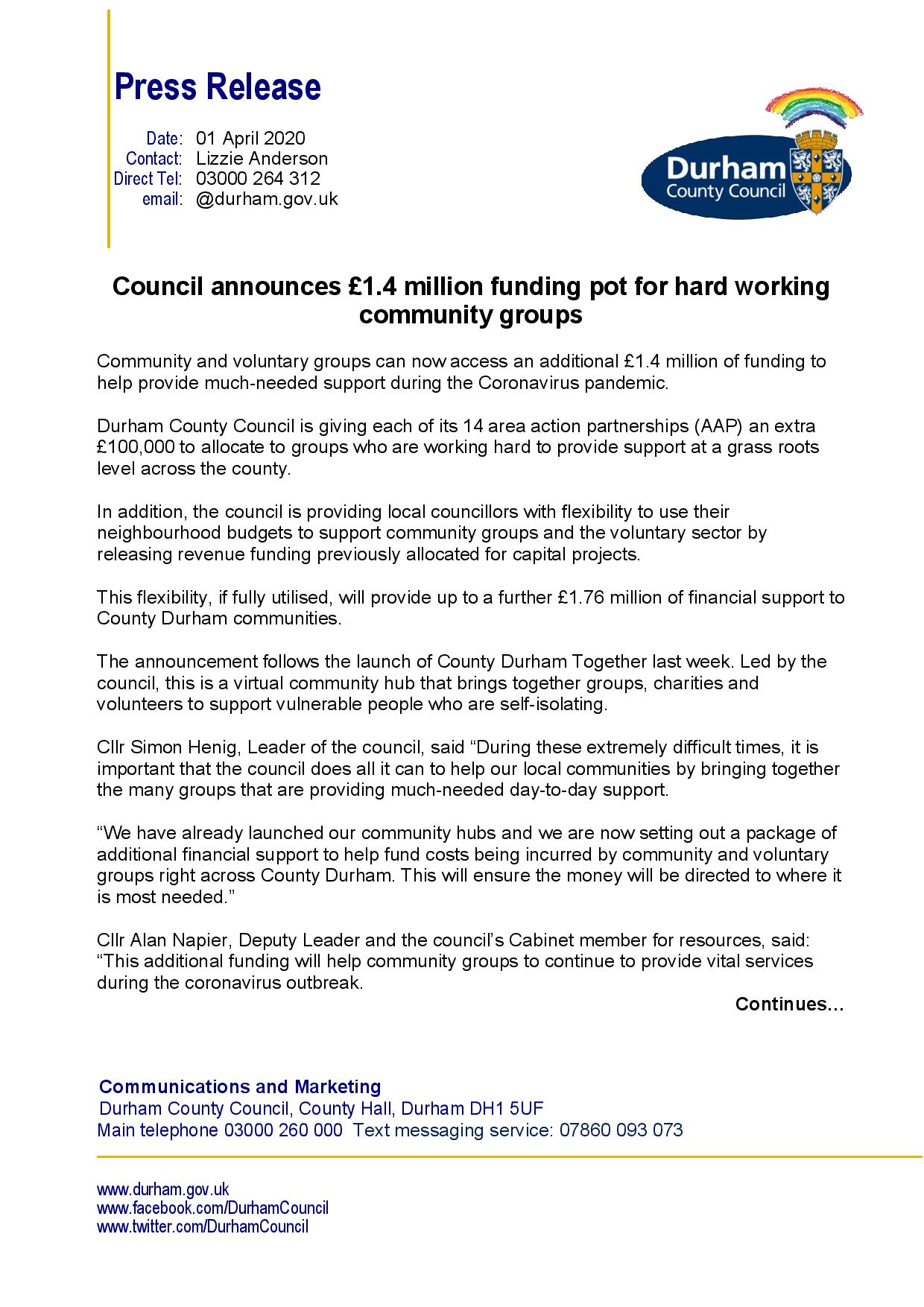 Durham County Council announces extra AAP funding - Sedgefield Town Council