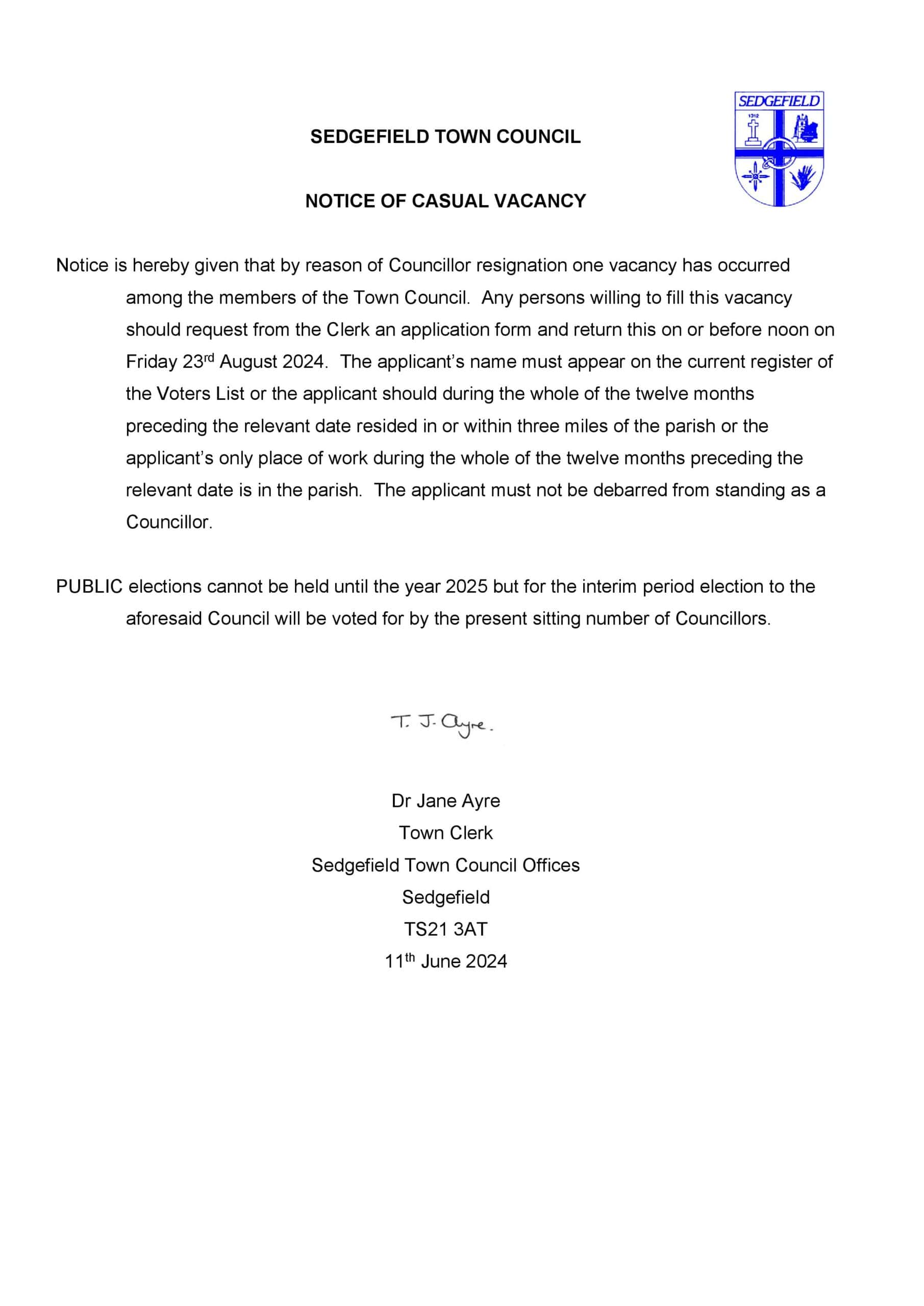 Councillor Co-Option Notice - Sedgefield Town Council
