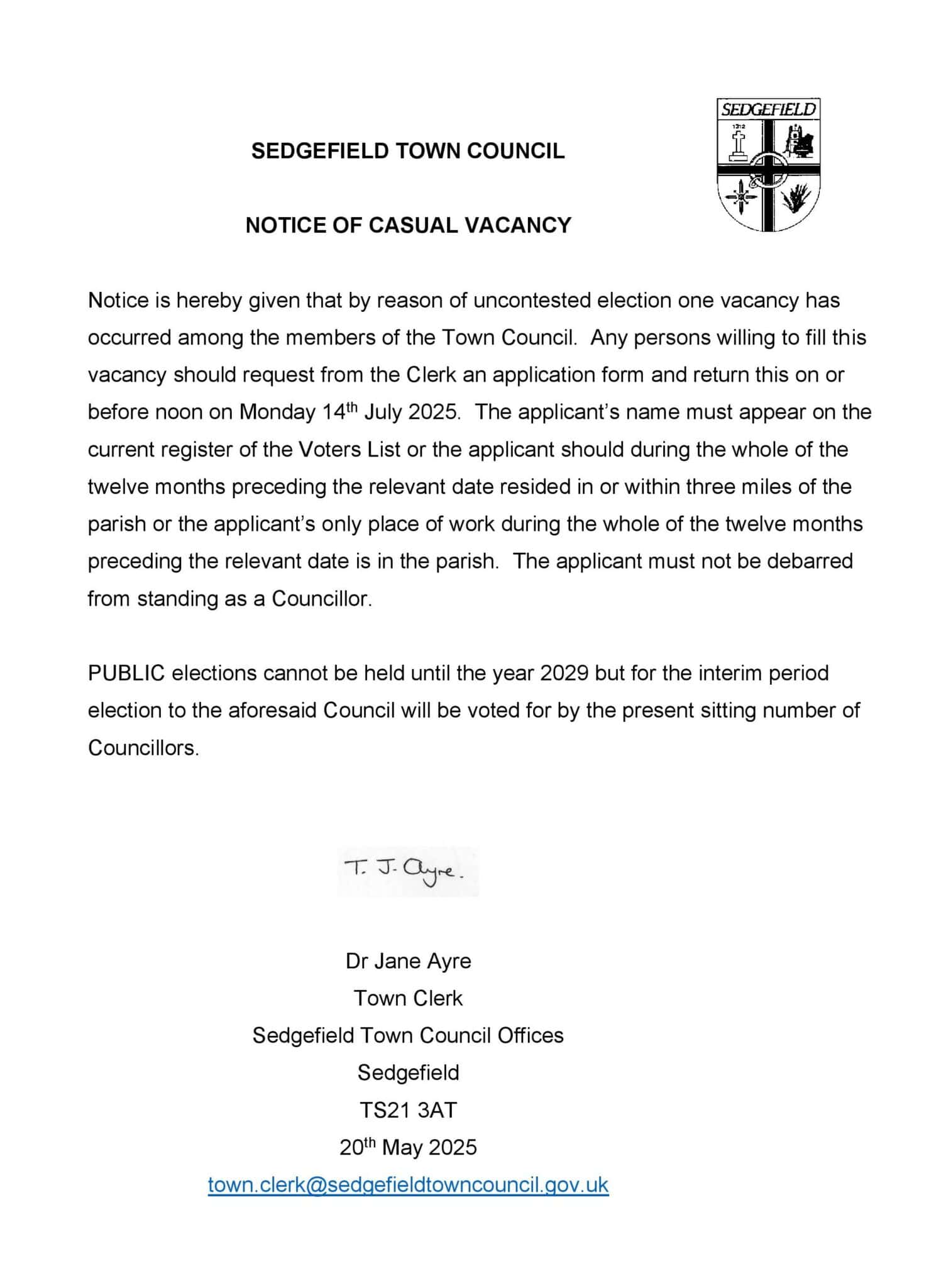 Councillor Co-Option Notice: May 2025 - Sedgefield Town Council