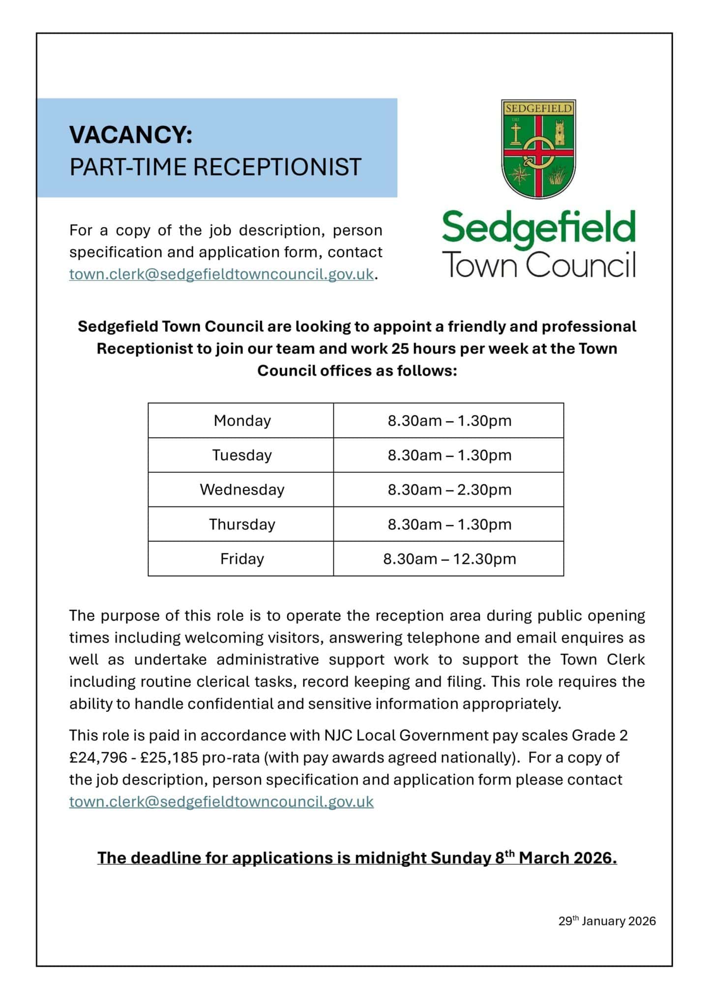 VACANCY - Receptionist - Sedgefield Town Council
